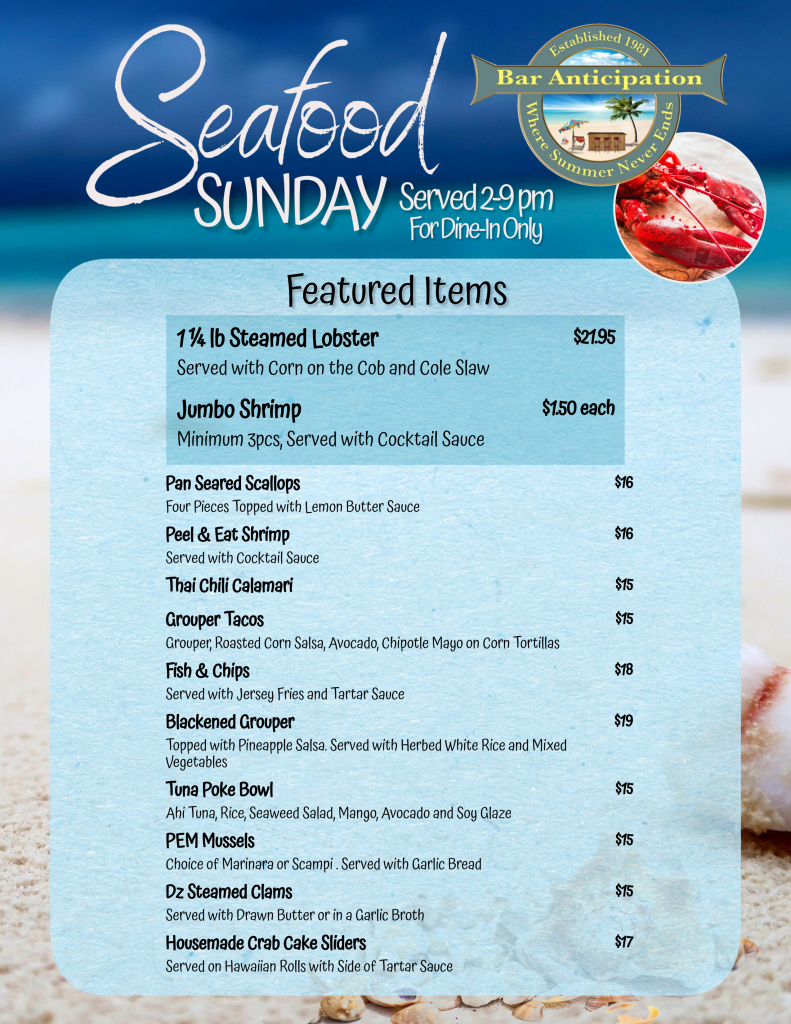 Sundays Seafood Menu – Bar Anticipation